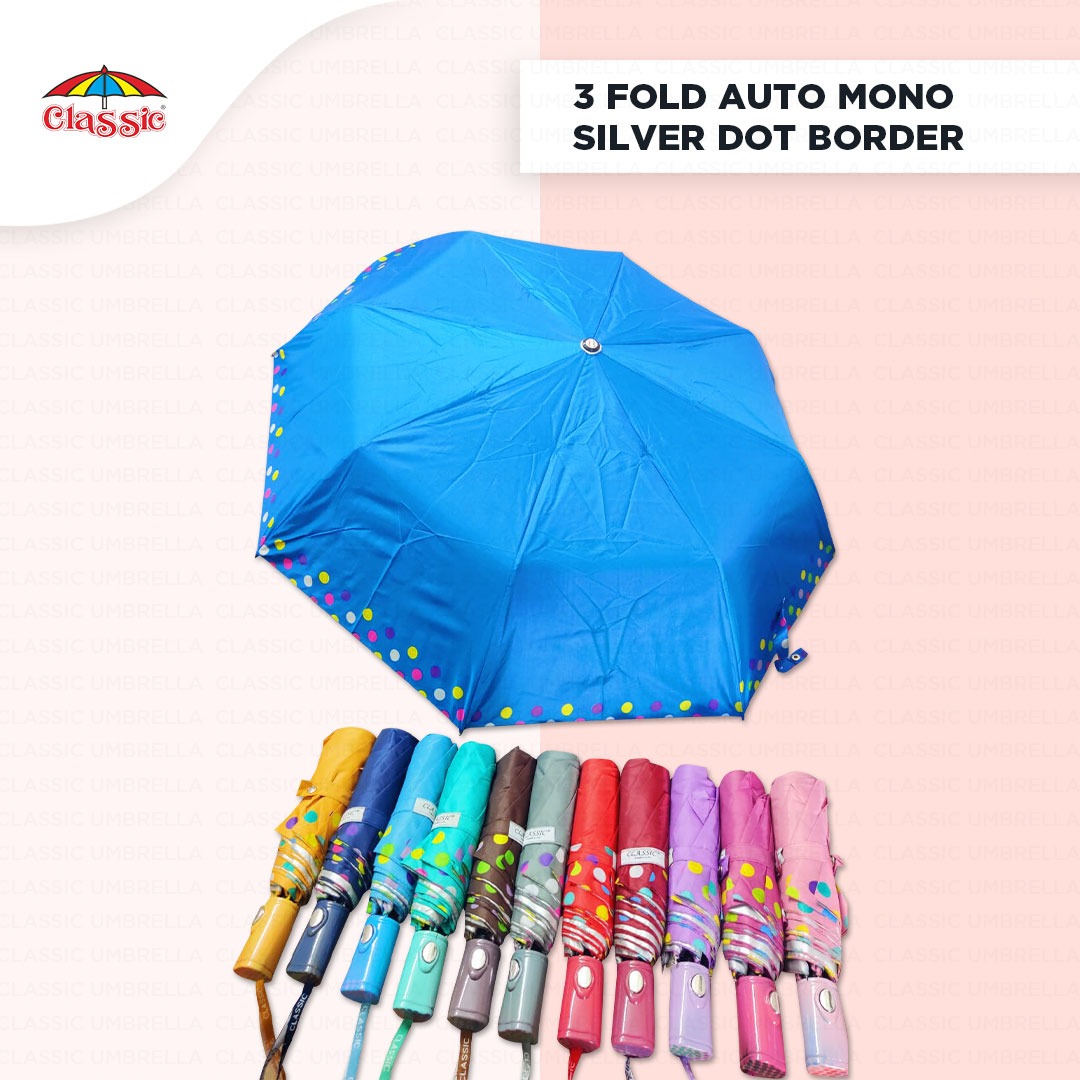3fold Auto Mono Silver Dot Border Classic Umbrella